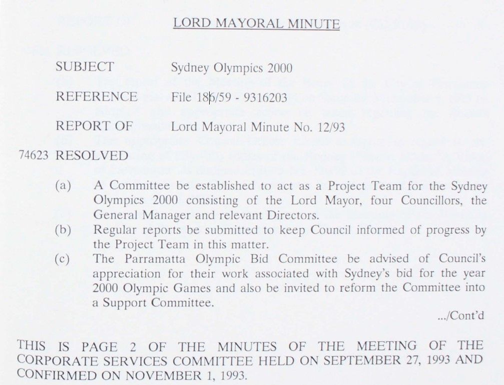 Lord Mayoral Minute announcement of the Sydney Olympics 2000 ... Lord Mayoral Minute announcement of the Sydney Olympics 2000 ...